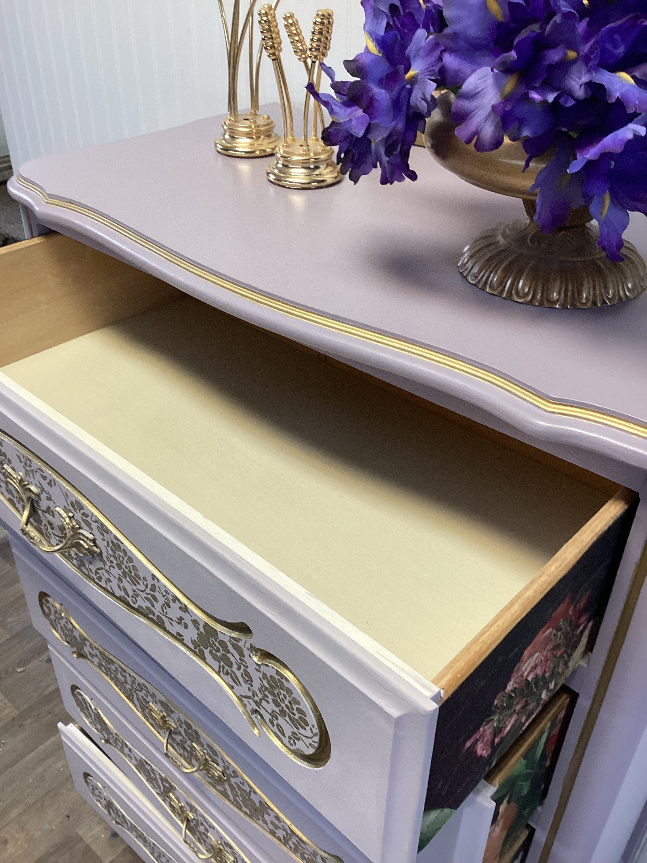 French Provincial Highboy Dresser/ Lavender and Gold Dresser/ Bedroom ...