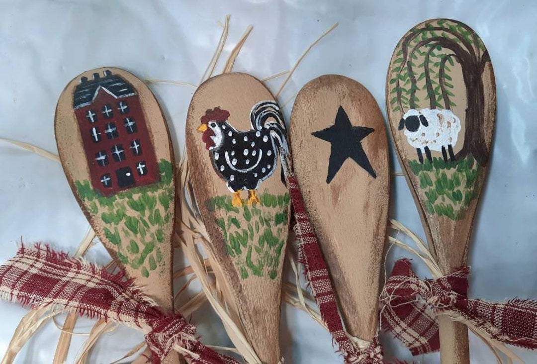 Primitive Farmhouse Rustic Distressed Crackled Hand Painted Wood Spoons ...