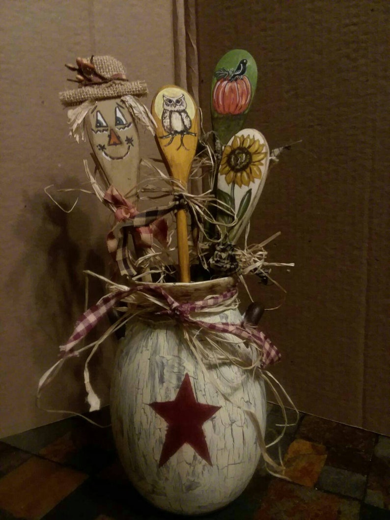 Primitive Rustic Autumn Fall Hand Painted Wooden Spoon Set of 4 -crock ...