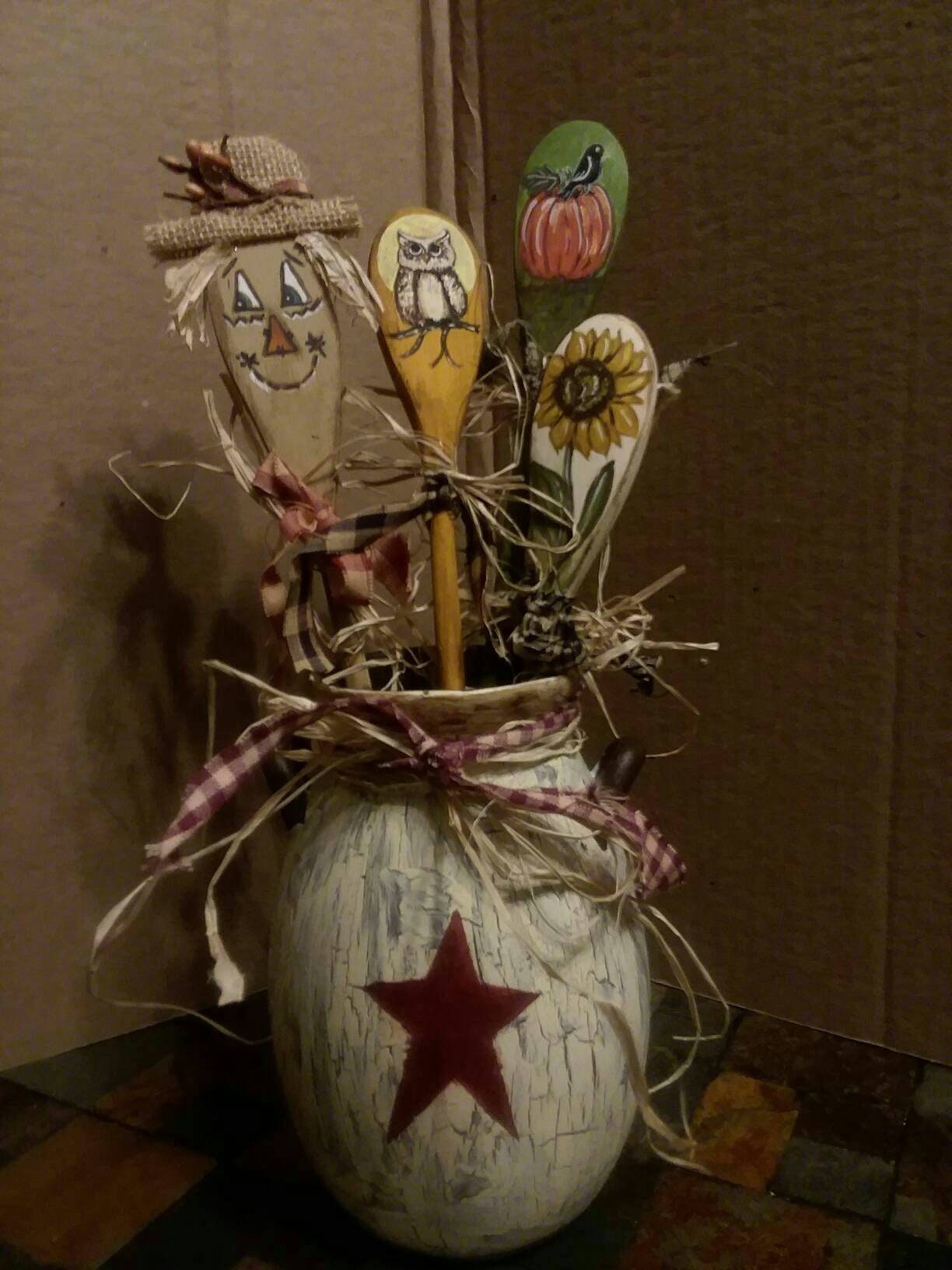 Primitive Rustic Autumn Fall Hand Painted Wooden Spoon Set of 4 -crock ...