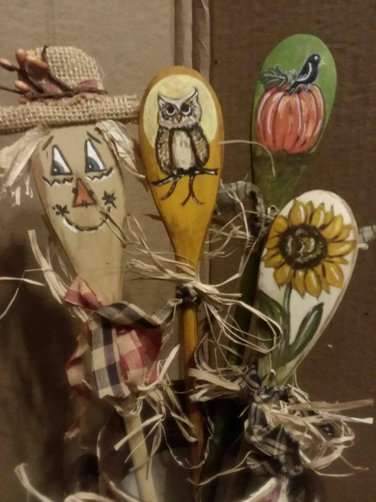 Primitive Rustic Autumn Fall Hand Painted Wooden Spoon Set of 4 -crock ...