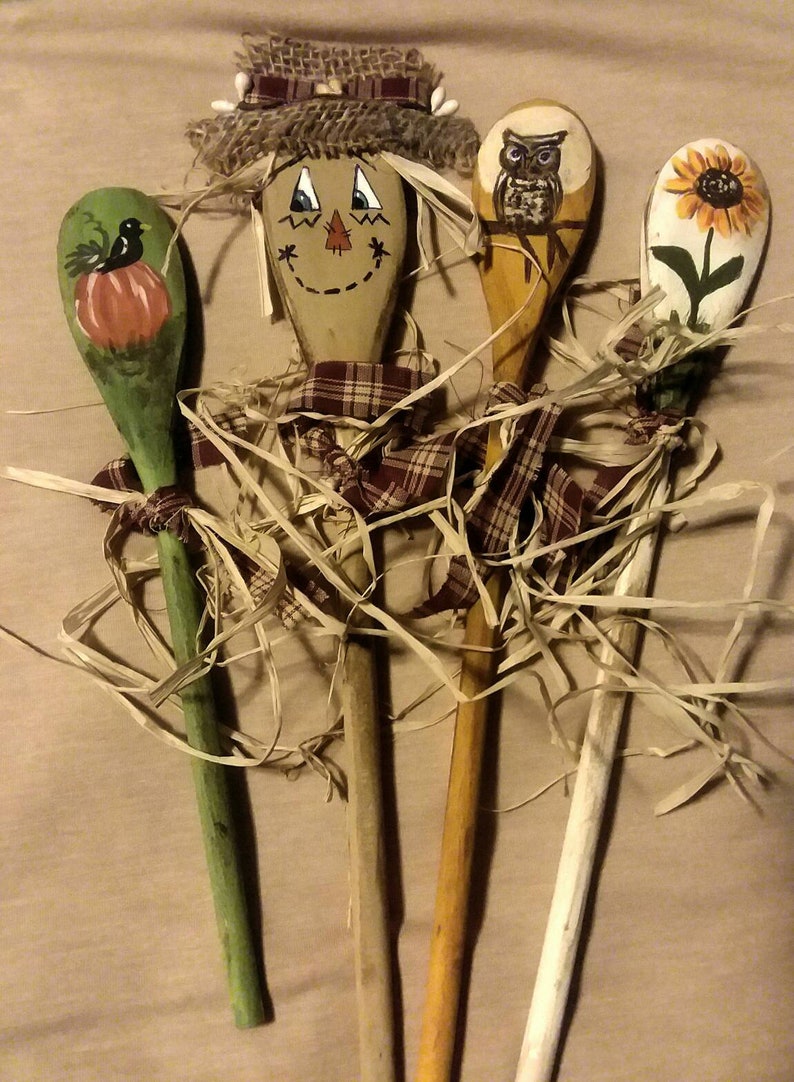 Primitive Rustic Autumn Fall Hand Painted Wooden Spoon Set of 4 -crock ...