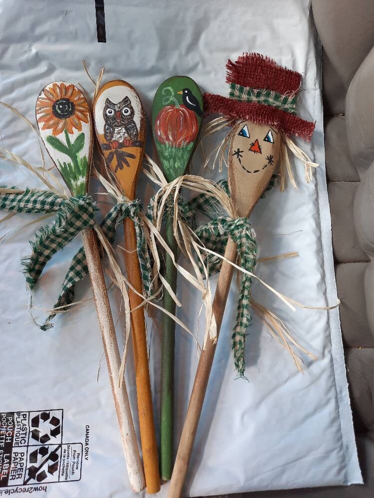 Primitive Rustic Autumn Fall Hand Painted Wooden Spoon Set of 4 -crock ...