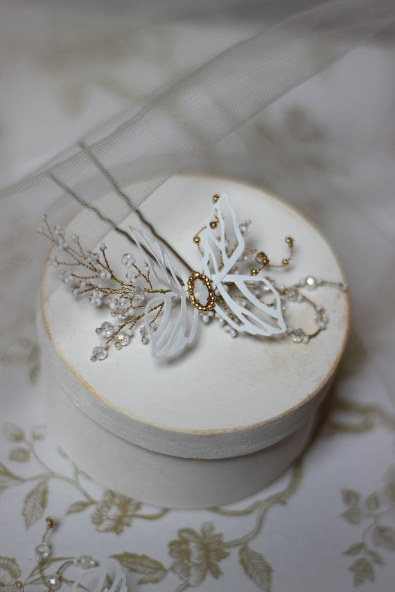 Butterfly Bridal Hair Pin in White and Gold Wedding Crystal - Etsy