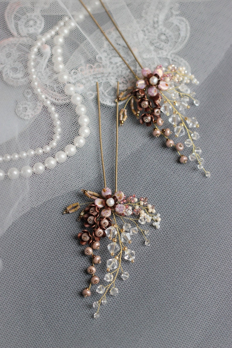 Pink Flower Hair Pin for Bride, Wedding Crystal Bobbie Pin, Bridesmaids ...