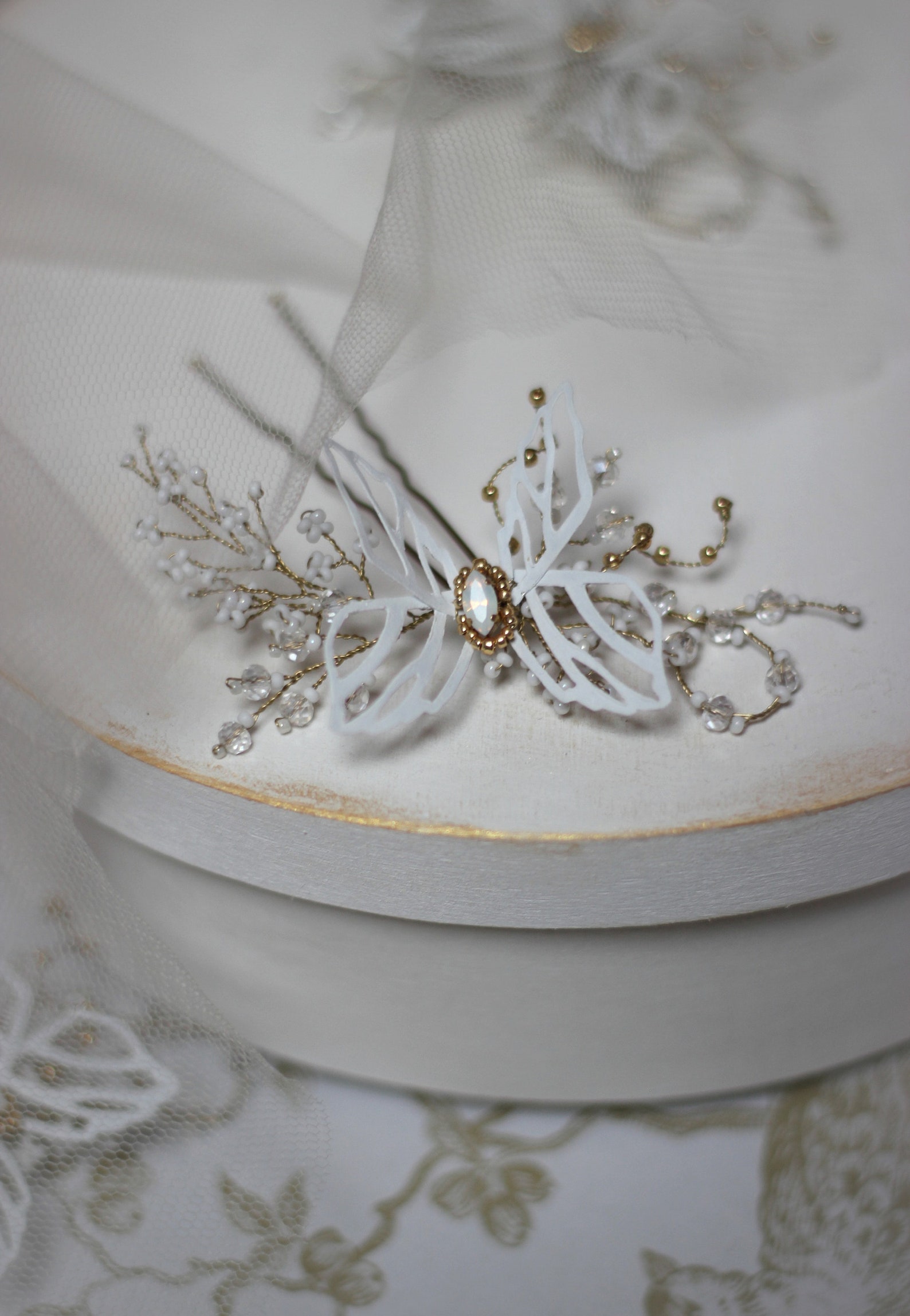 Butterfly Bridal Hair Pin in White and Gold, Wedding Crystal and Pearl ...