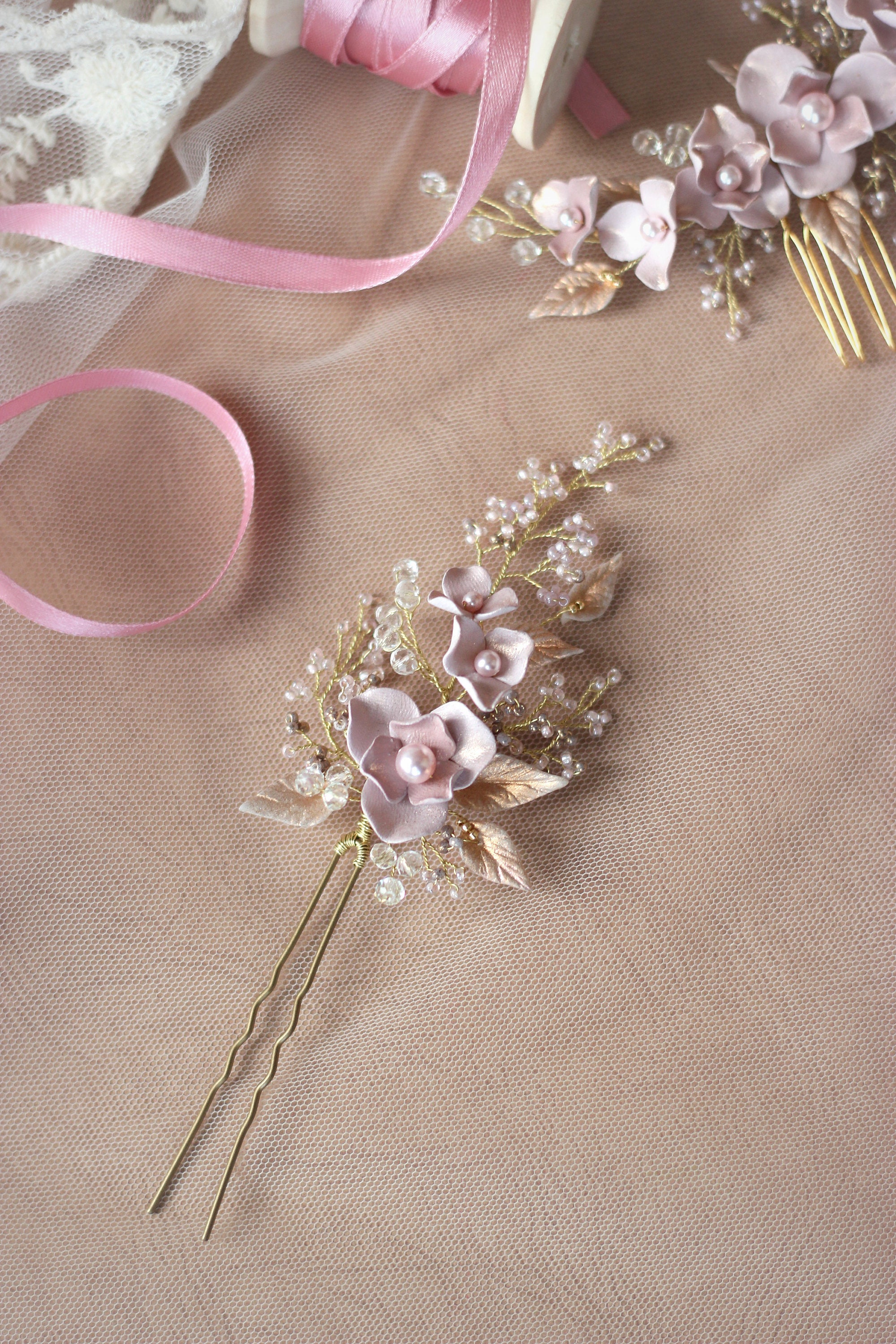 Pink and Gold Color Hair Pin for Bride Wedding Flower Hair - Etsy