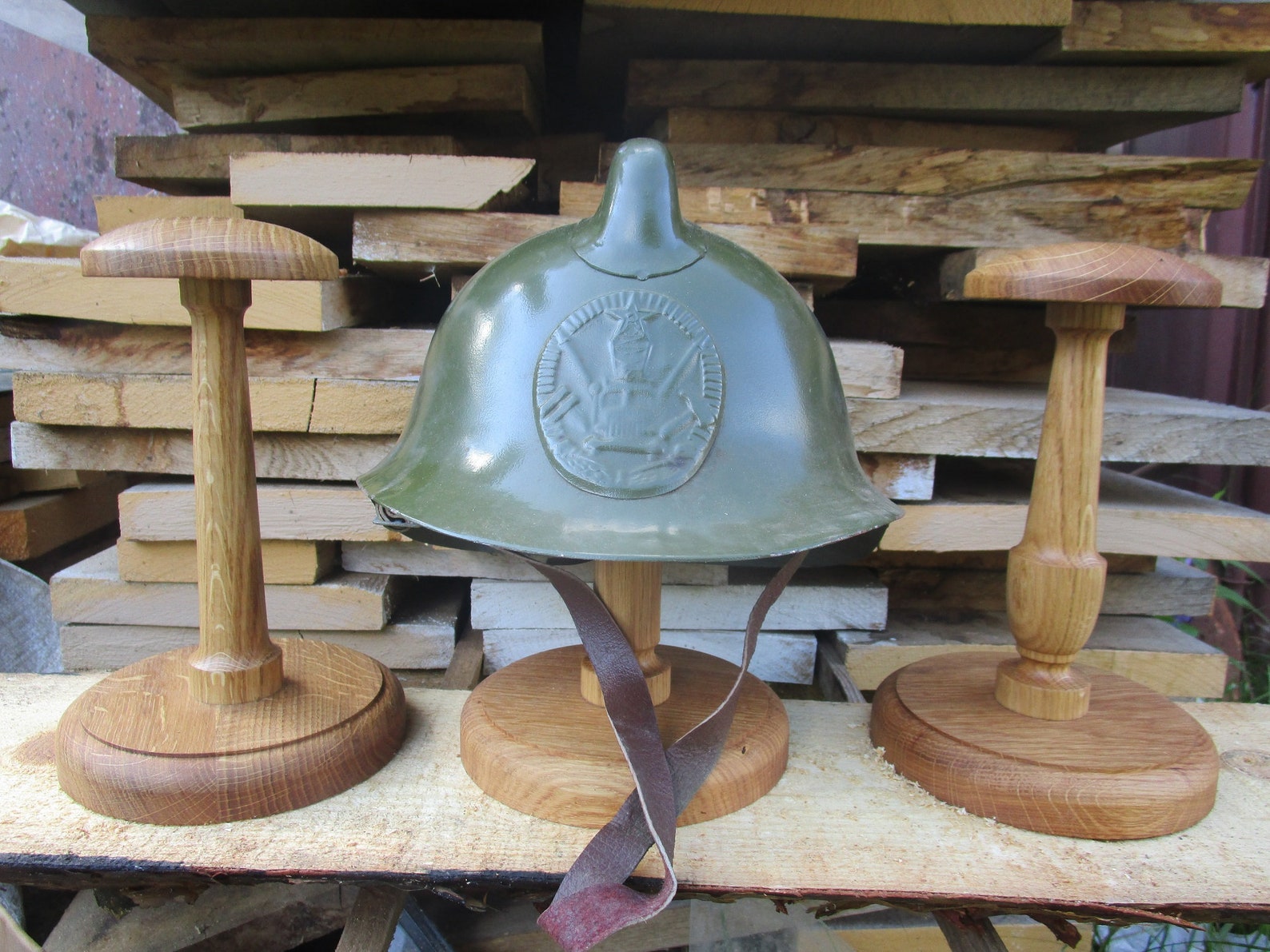Wooden oak Helmet Stand Wooden Helmet Holder Pickelhaube Stand Wooden ...