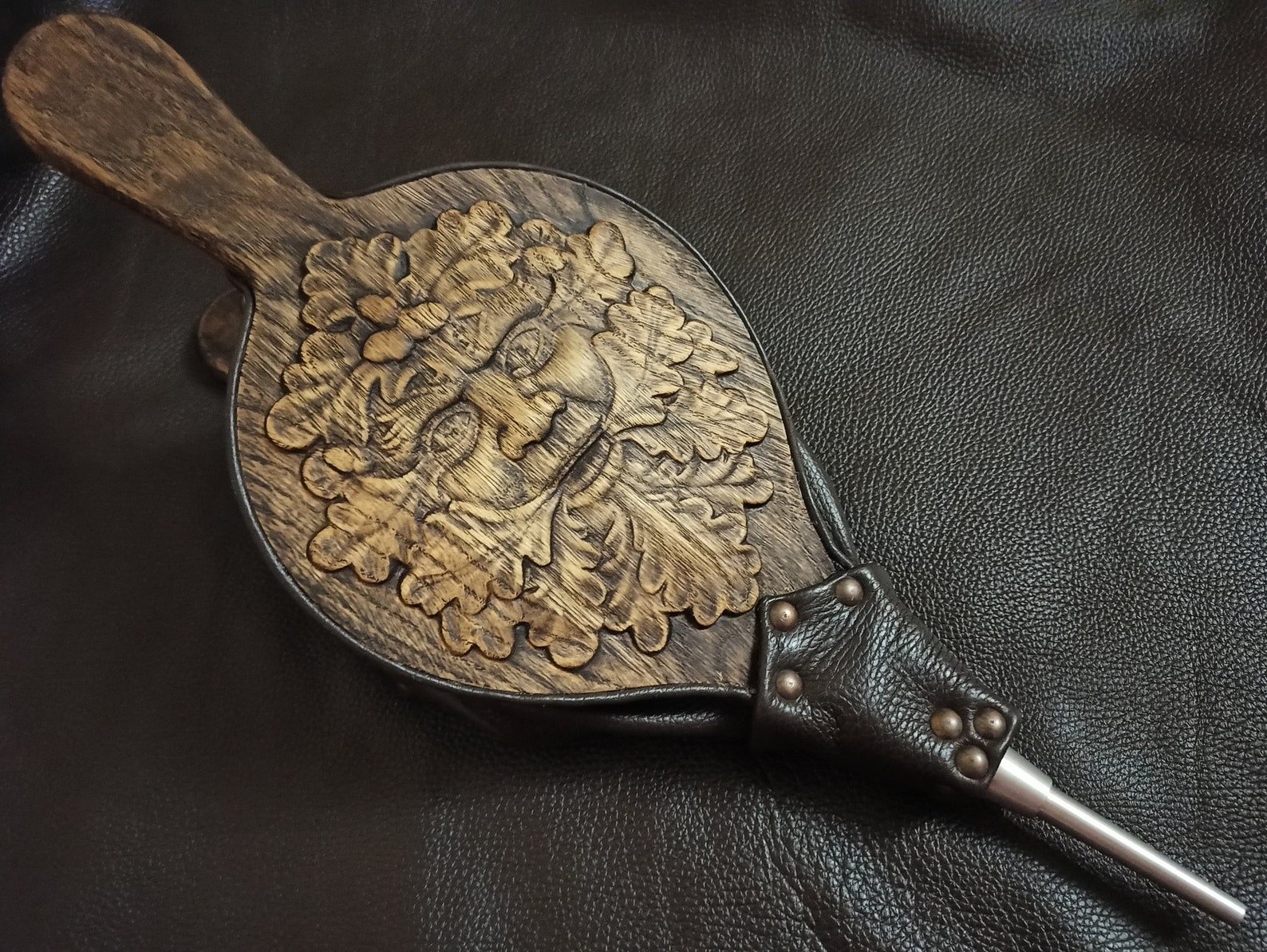 Solid Oak Wood Bellows Hand Crafted Genuine Leather Hand Bellows Carved ...