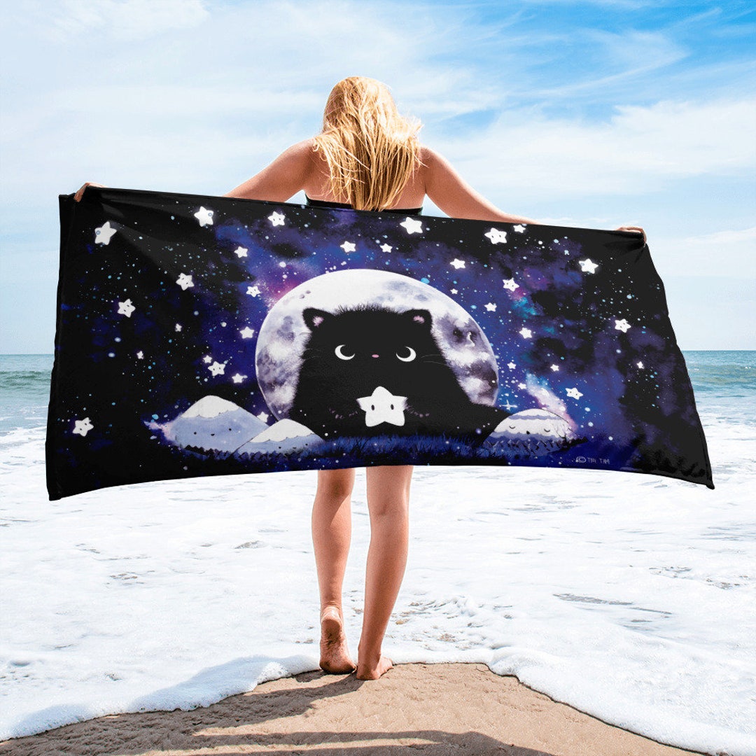Cute Tomcat Moo With Stars Towel, Large Beach Towel, Bath Towel, Moon ...