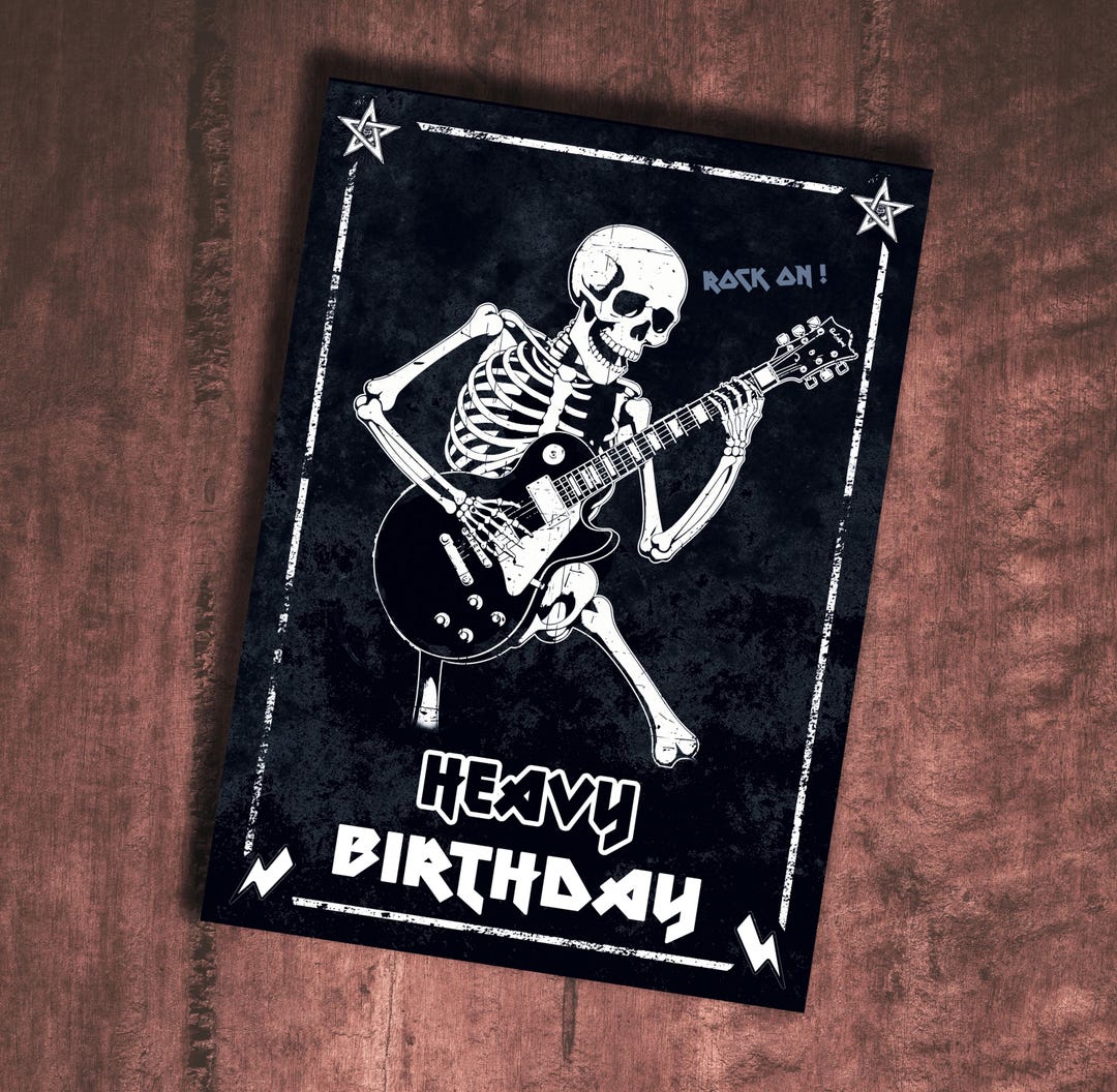 Heavy Metal Birthday Card, Skeleton With Guitar Postcard for Metalheads ...