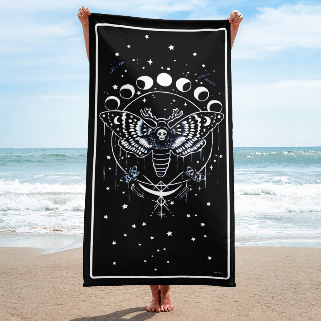 Gothic Moth Towel, Moon Phases Beach Towel, Sauna Towel, Print on ...
