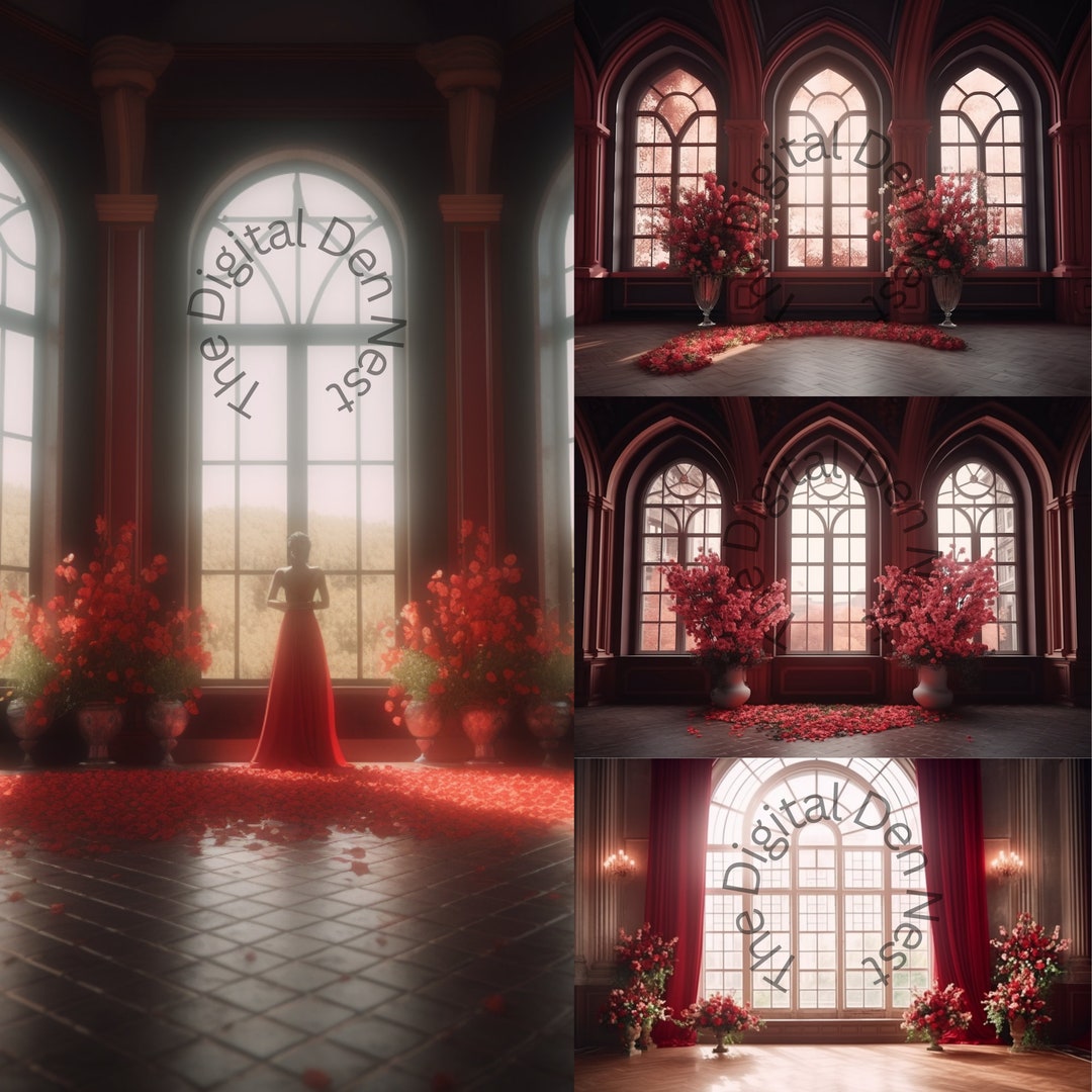 20 Elegant Red Room With Floral Texture, Digital Photography Backdrops ...