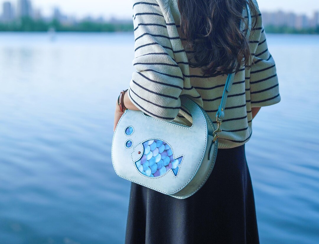 Handmade Leather Handbag: Deep Sea Fish Design, Blue Waxed Leather - Etsy