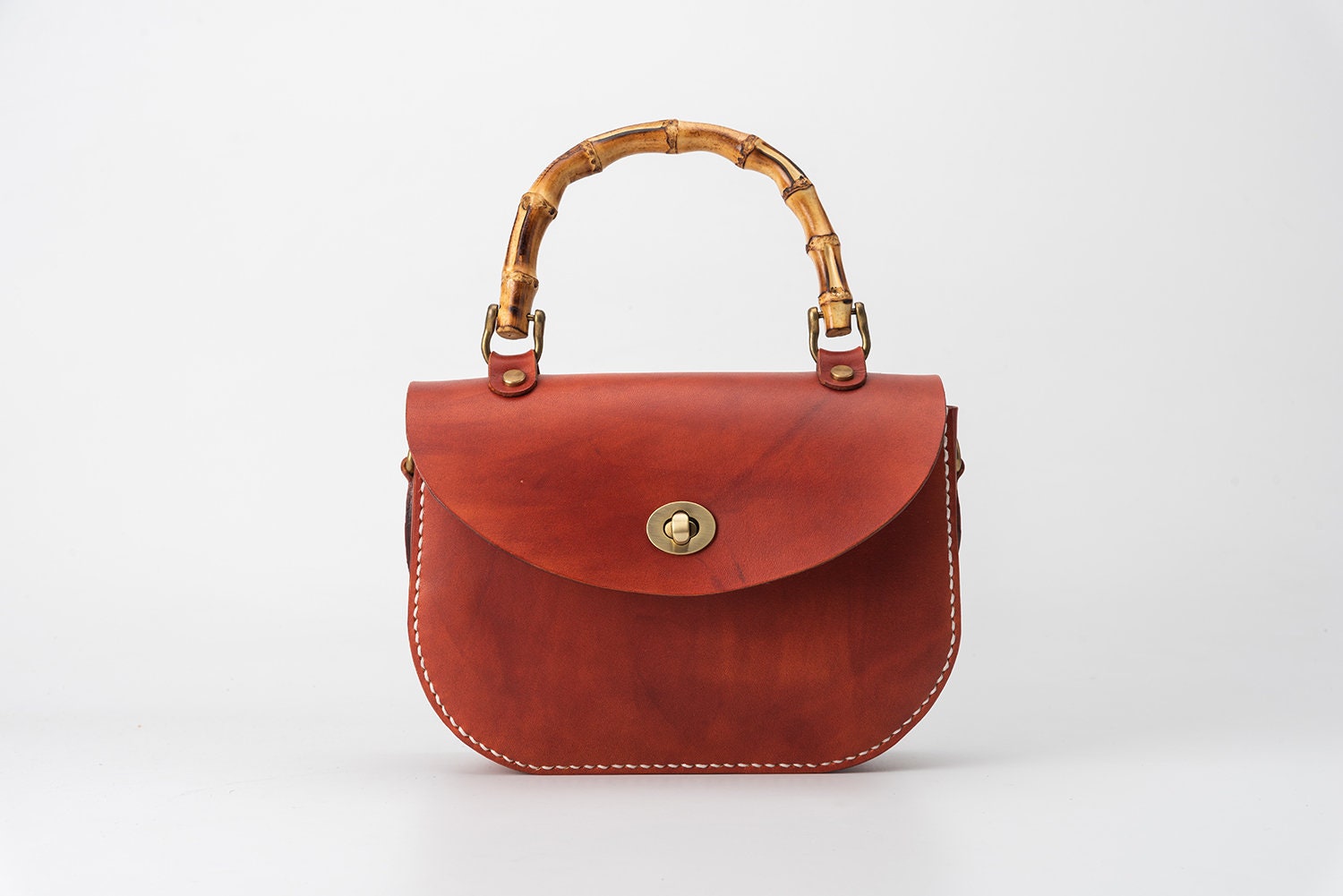Leather Bamboo Handle Bag Mushroom Women's Cowhide Leather Saddle ...