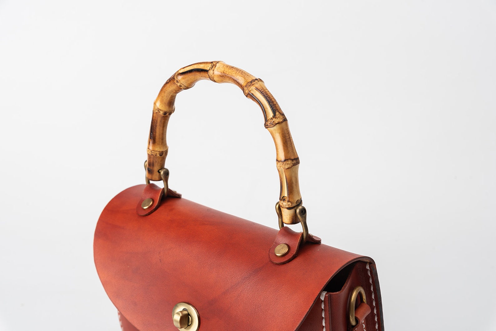 Leather Bamboo Handle Bag Mushroom Women's Cowhide Leather Saddle ...