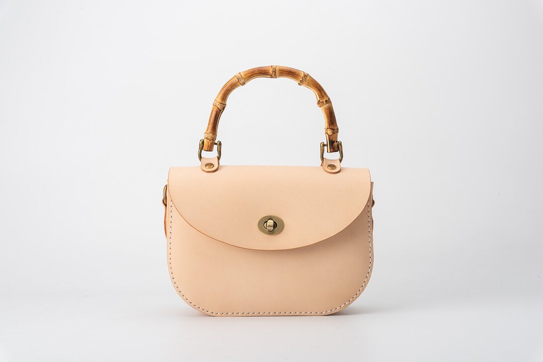 Leather Bamboo Handle Bag Mushroom Women's Cowhide Leather Saddle ...