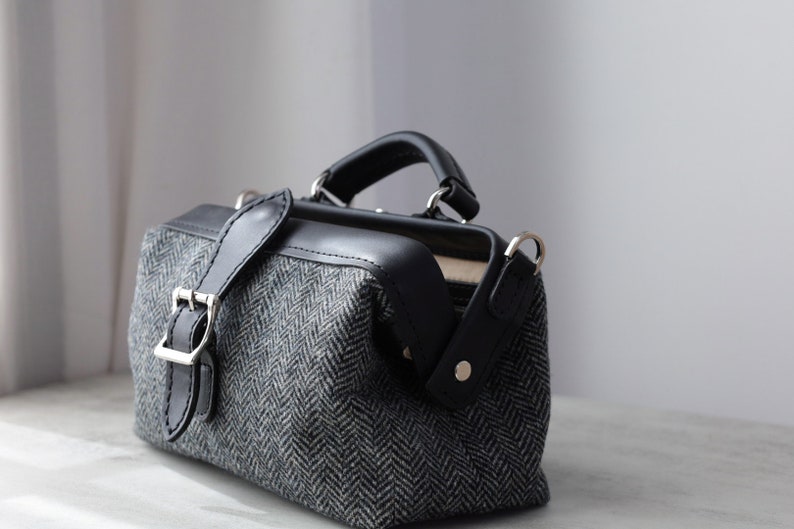 Harris Tweed Doctor Bag: Leather & Wool Crossbody, Top Handle Purse - Etsy