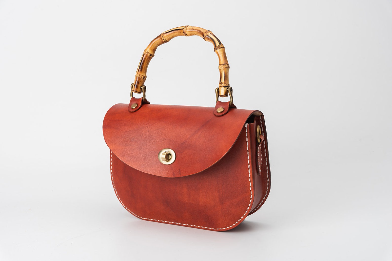 Leather Bamboo Handle Bag Mushroom Women's Cowhide Leather Saddle ...