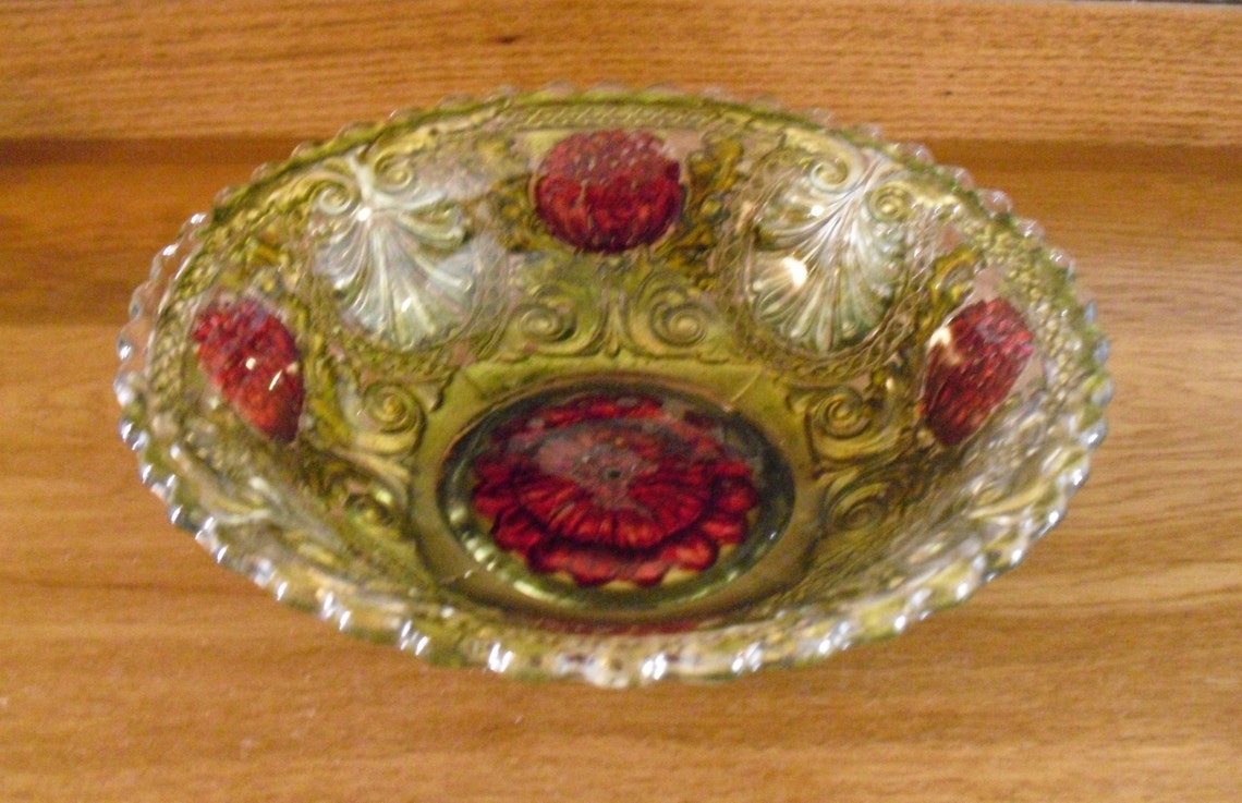Large Antique Goofus Glass Serving Bowl Red Gold Chippy Style - Etsy