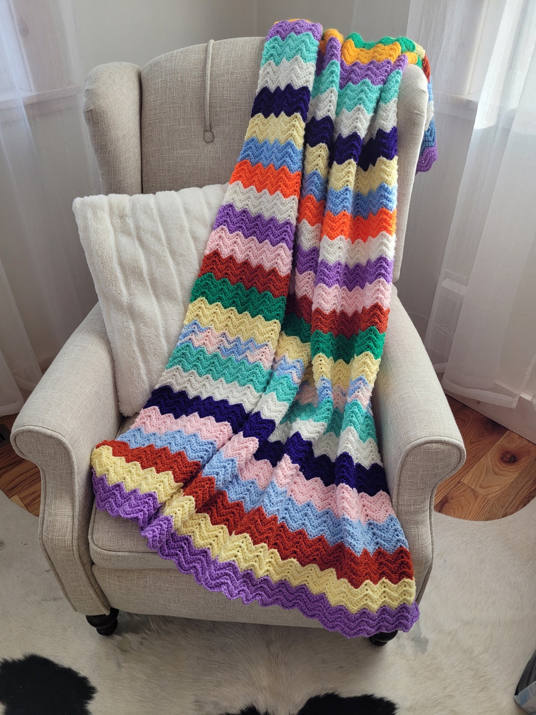 Bold Handmade Vintage Rainbow Chevron Pattern Afghan Throw Features an ...