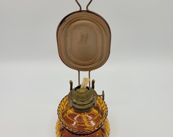 Vintage Mid Century Small Hanging Oil Lamp Tin Wall Mount Amber Glass ...