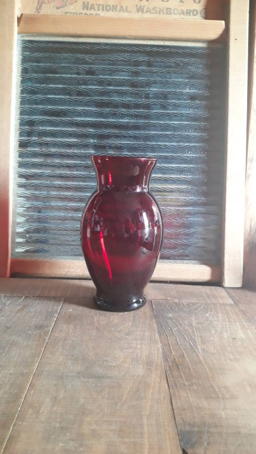Ruby Red Depression Glass Vase Anchor Hocking Sleek Style With Smooth ...