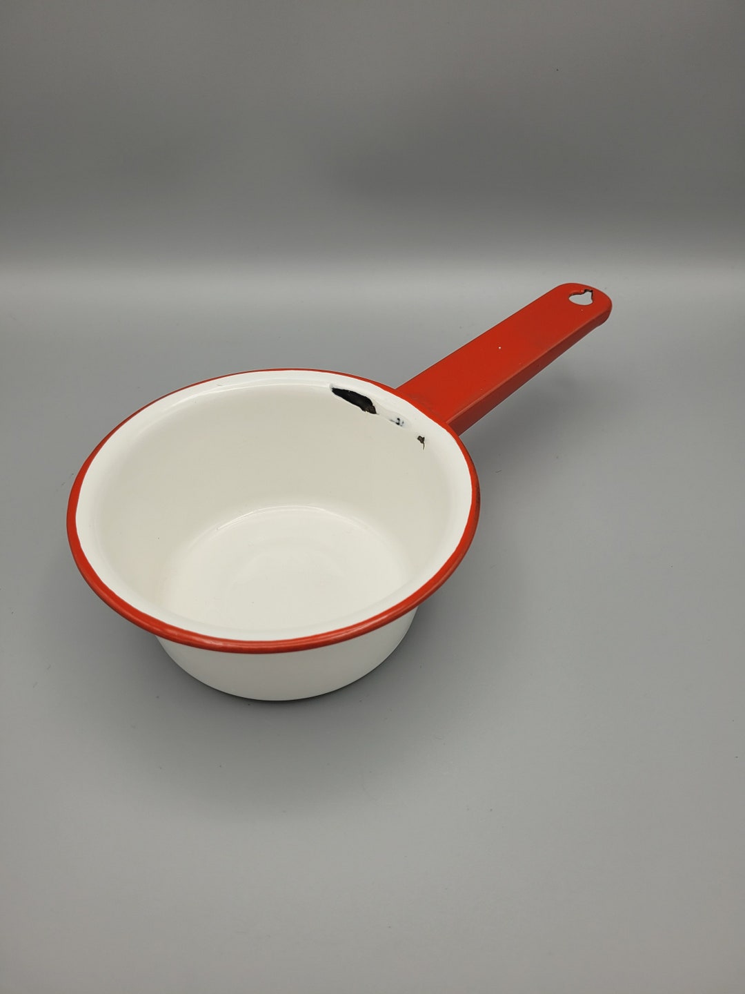 Petite louche d'eau en émail blanc et rouge, petite casserole, rétro ...