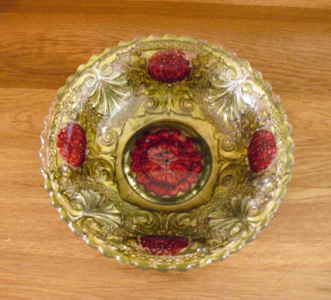 Large Antique Goofus Glass Serving Bowl Red Gold Chippy Style Shabby ...