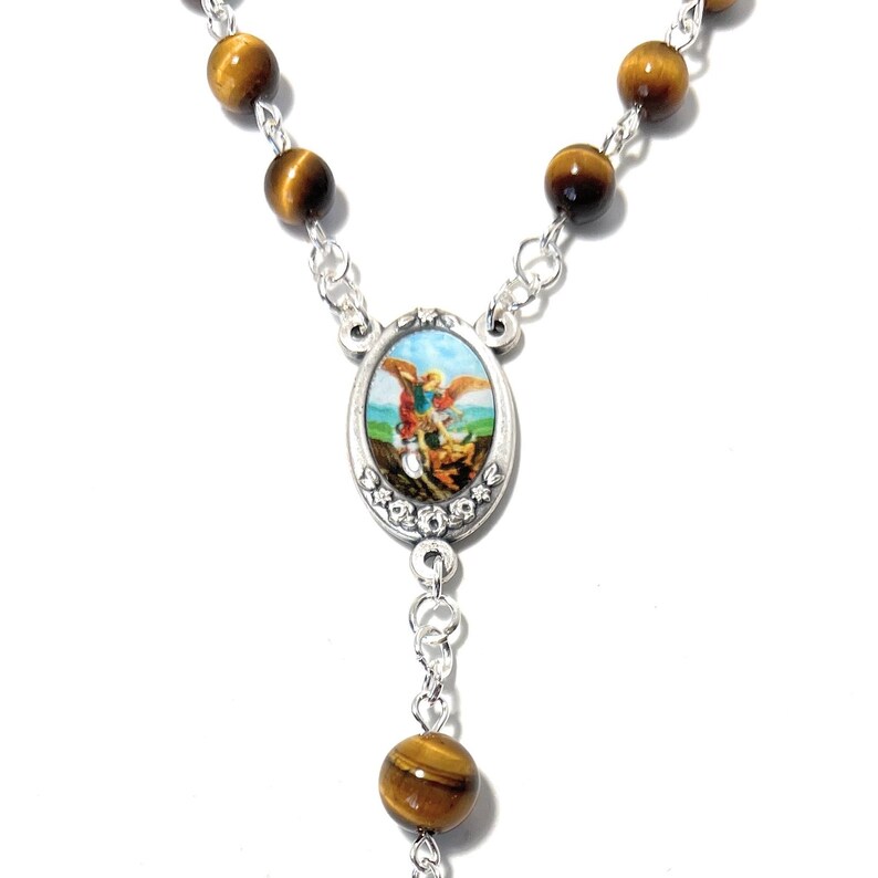 St. Michael the Archangel Car Rosary: Tiger Eye Beads, Catholic Rear ...