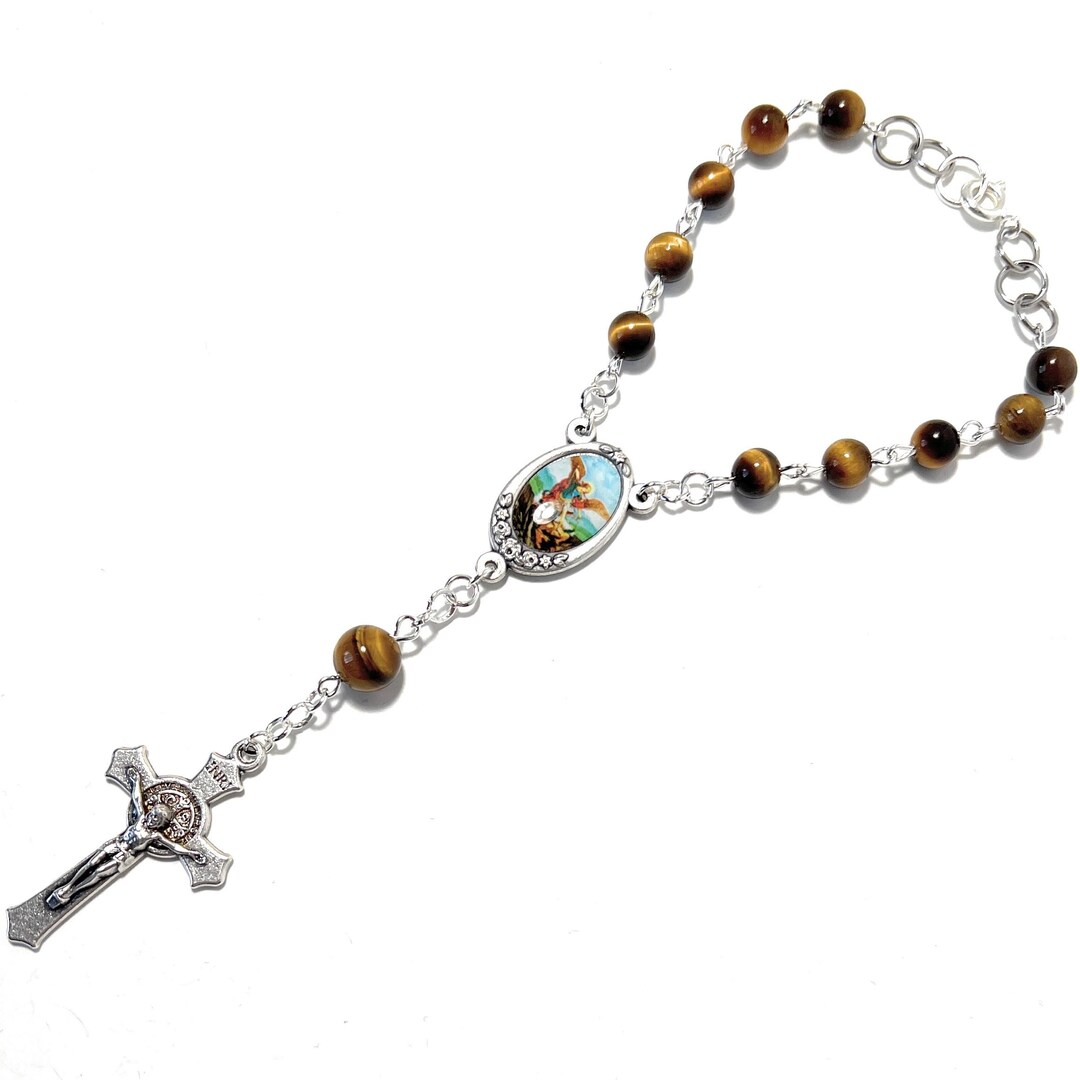 St. Michael the Archangel Car Rosary: Tiger Eye Beads, Catholic Rear ...