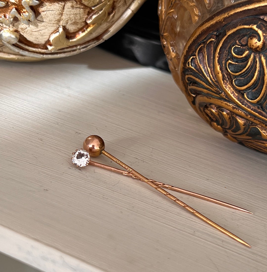 Two Antique Edwardian 9ct Gold Orb and Glass Solitaire Gemstone Lapel ...