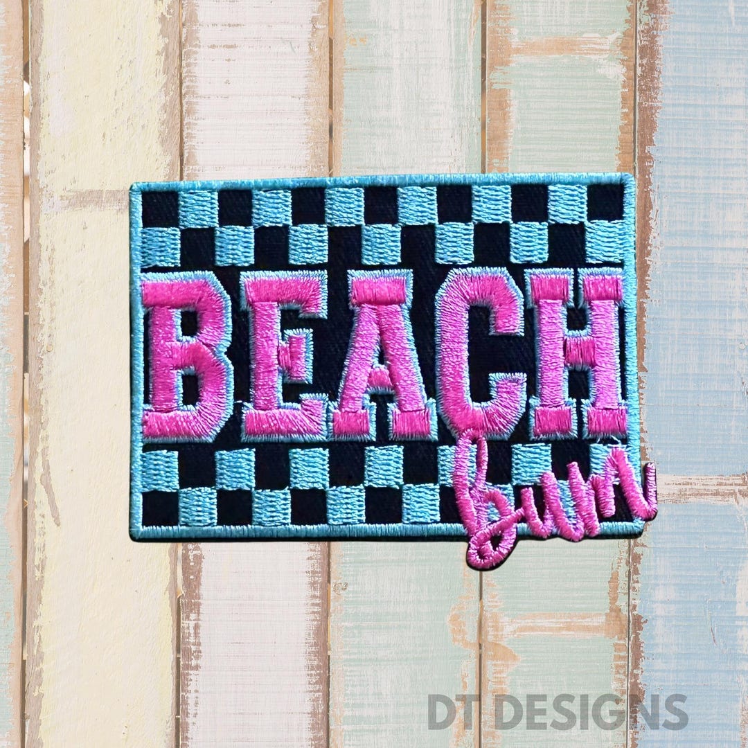 Beach Bum Embroidered Patch, Iron On, Hot Pink and Turquoises Checkered ...