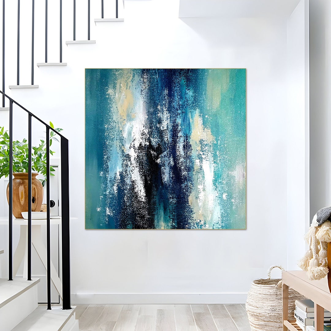 Large Wall Art, Abstract Art, Canvas Wall Art, Ocean Blue Painting, Modern Textured Art, Living ...