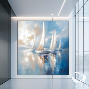 Large Abstract Sailing Painting, Blue Ocean Wall Art, Modern Seascape ...