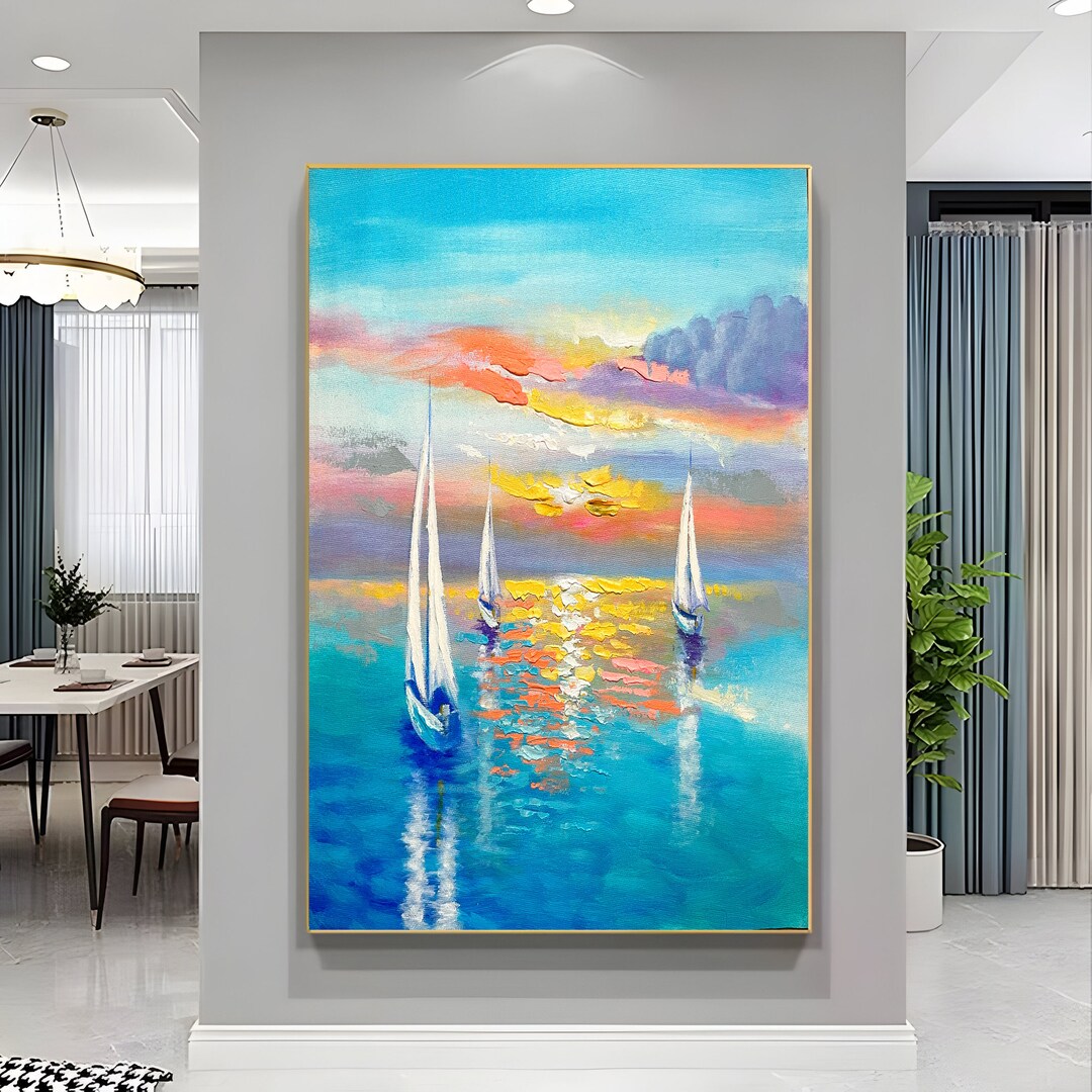 Extra Large Sailboat Painting on Canvas, Colorful Sailing Boats Harbor ...