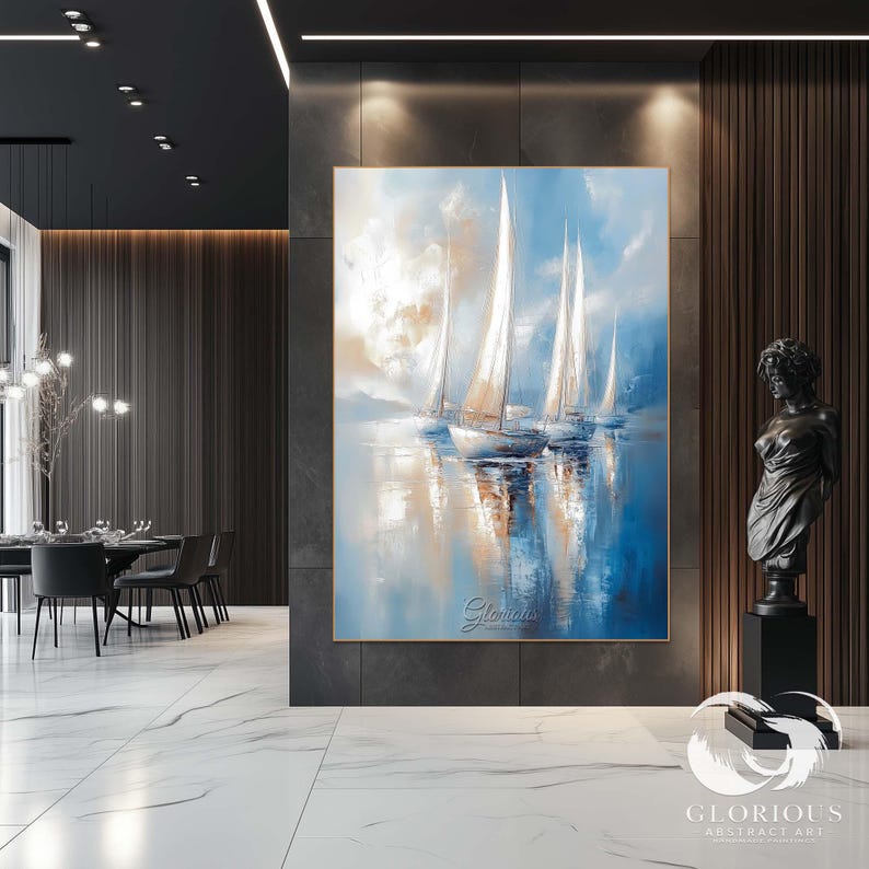 Large Abstract Sailing Painting, Blue Ocean Wall Art, Modern Seascape ...