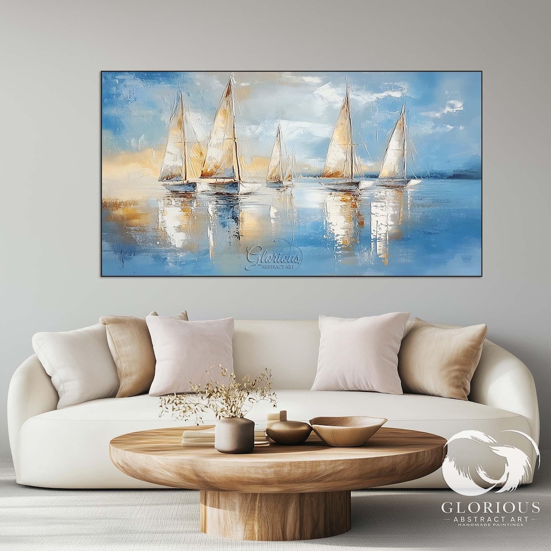 Large Abstract Sailboat Painting, Modern Coastal Wall Art, Sailing ...