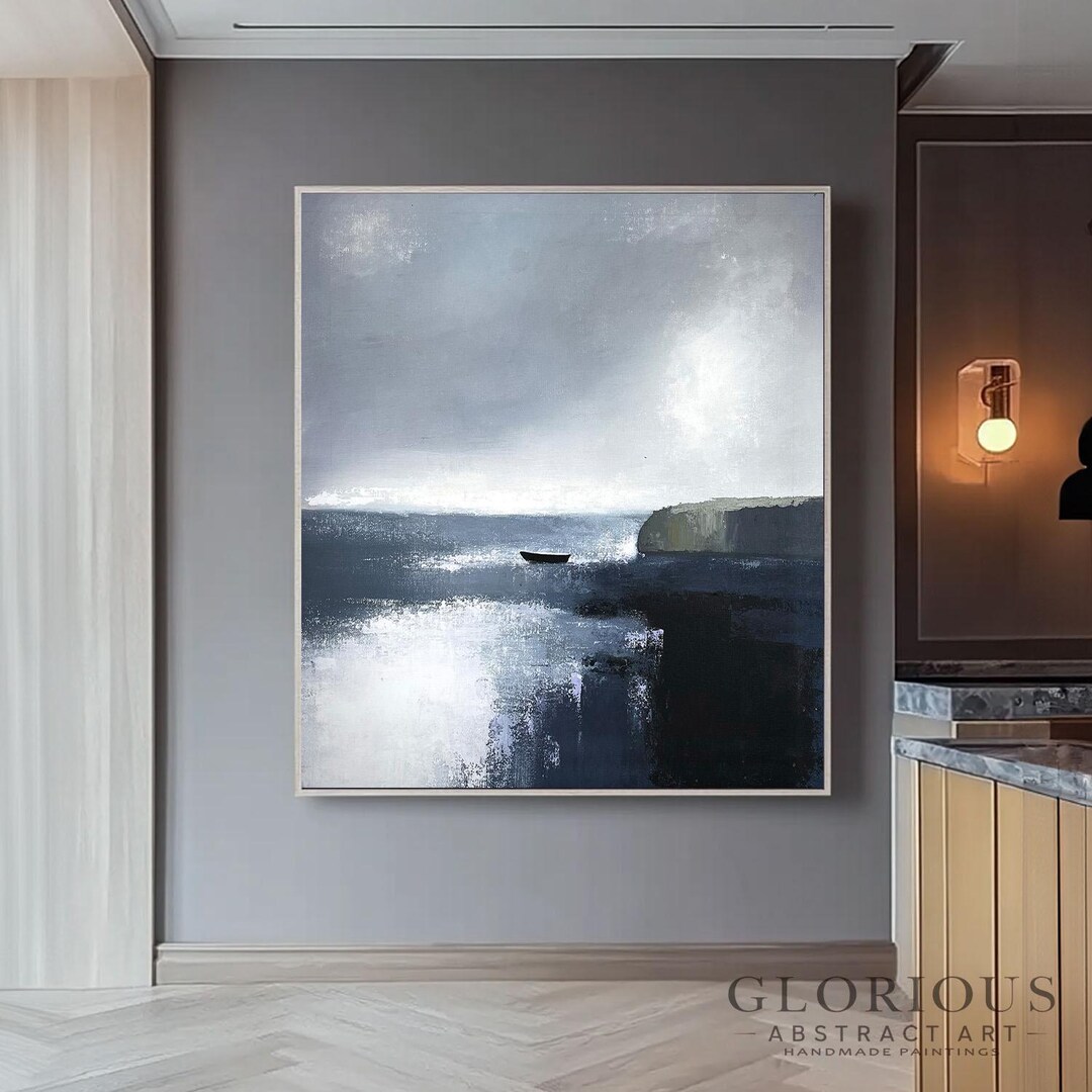 Gray Blue Seascape Wall Art, Boat Ocean Painting Coastal Cliff Artwork ...