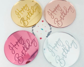 Happy Birthday Cake Disc Cupcake Toppers Mirror Acrylic Cake - Etsy UK