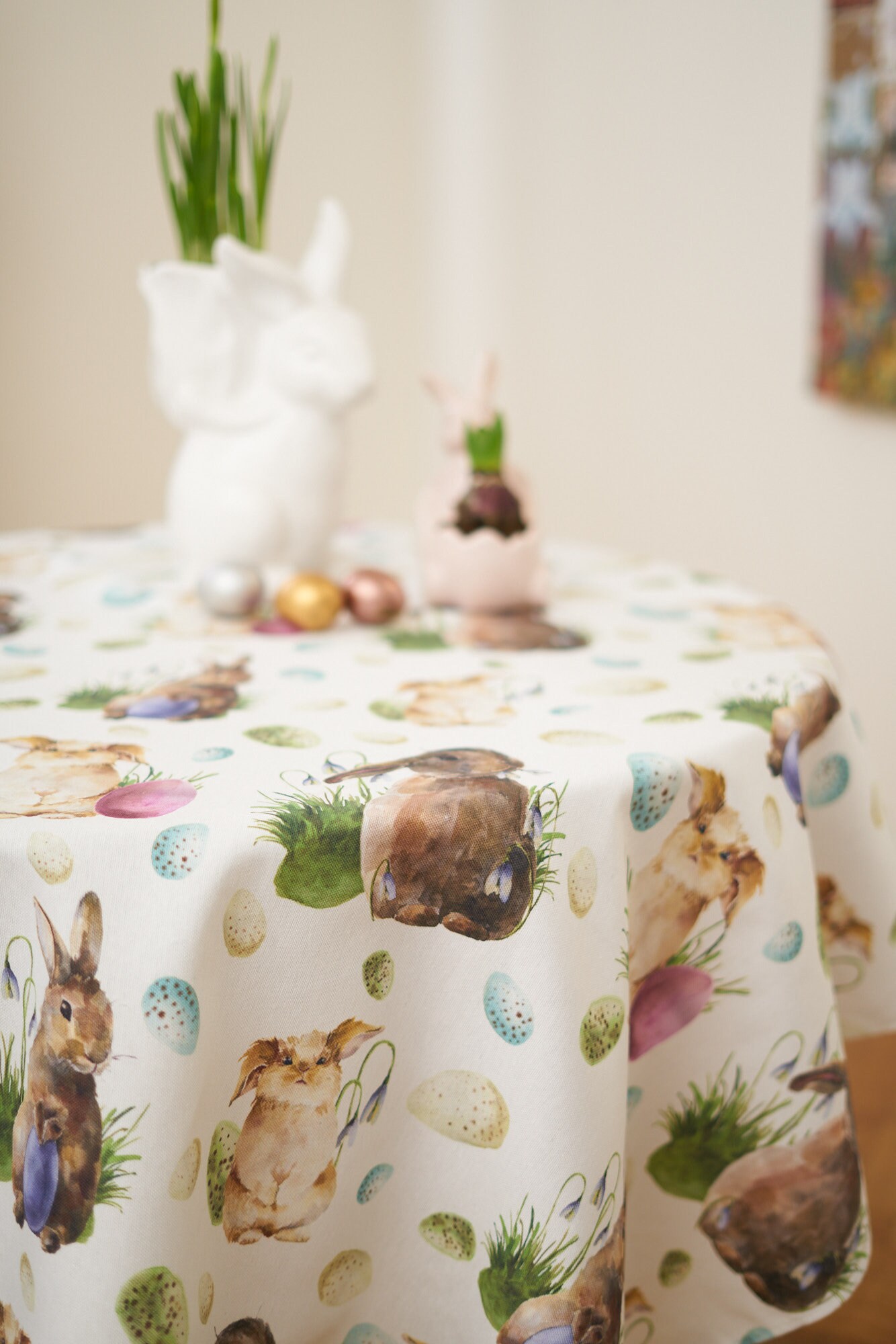 Round Easter Mood Tablecloth Rabbits and Spring Flowers on - Etsy