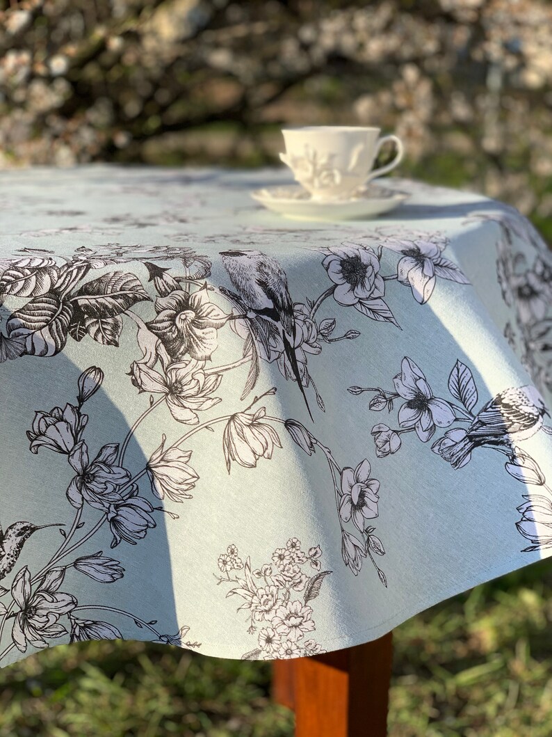 Round Tablecloth Spring Flower and Bird Print on Pastel - Etsy