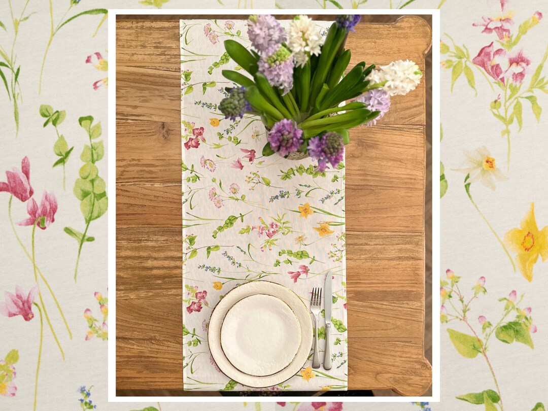Fresh Flower Table Runner, Spring Floral Print on White Background ...