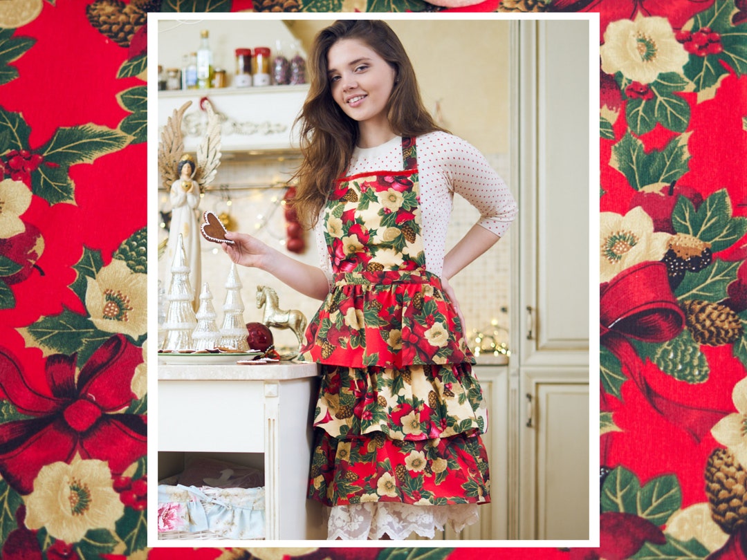 Red Christmas Ladies Apron, Holiday Apron for Women, Christmas Flowers ...