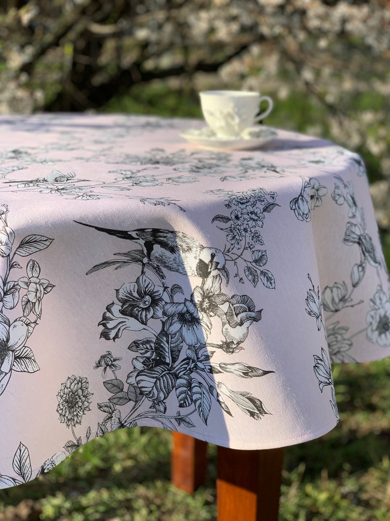 Round Tablecloth Spring Flower and Bird Print on Pastel - Etsy