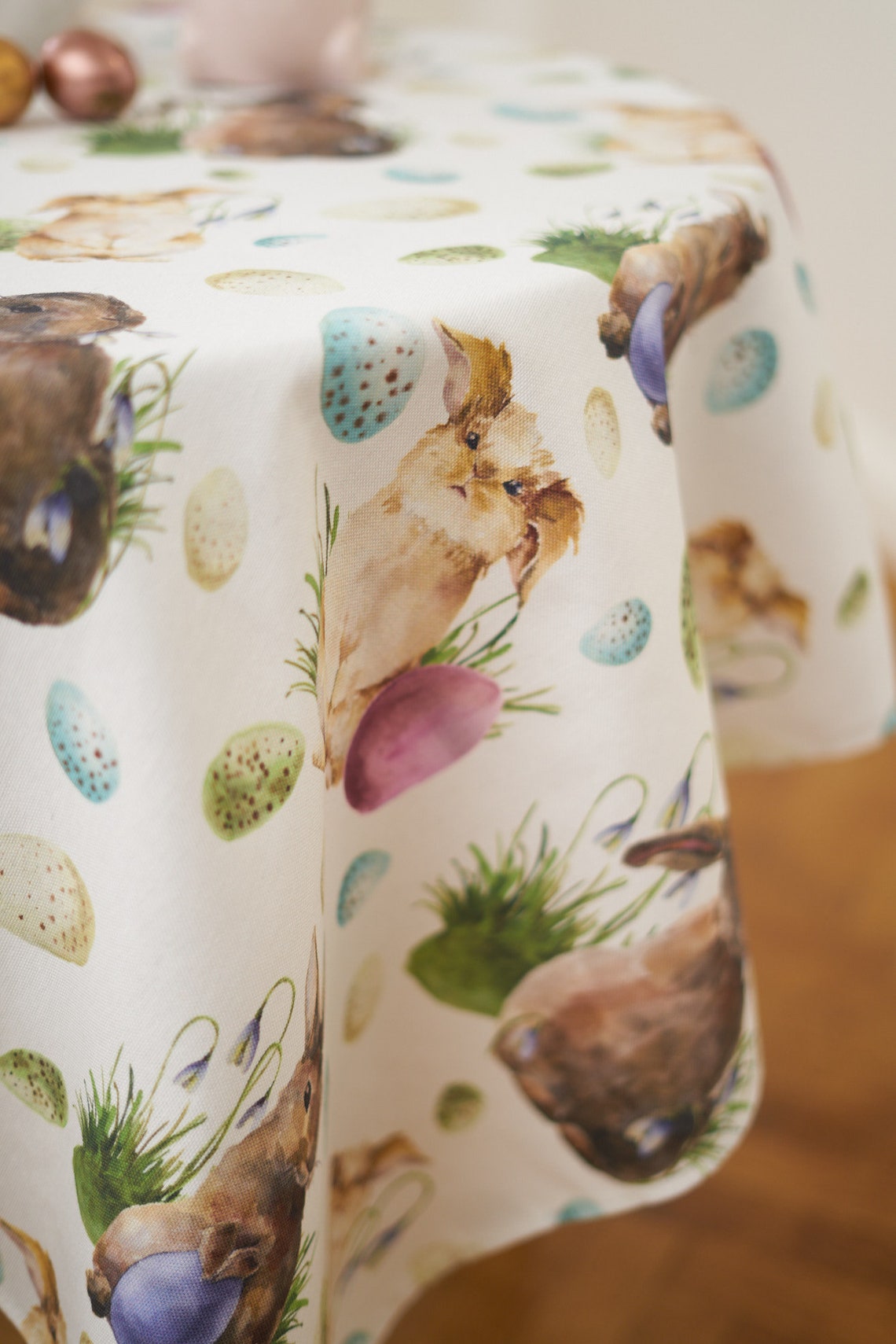 Round Easter Mood Tablecloth Rabbits and Spring Flowers on - Etsy