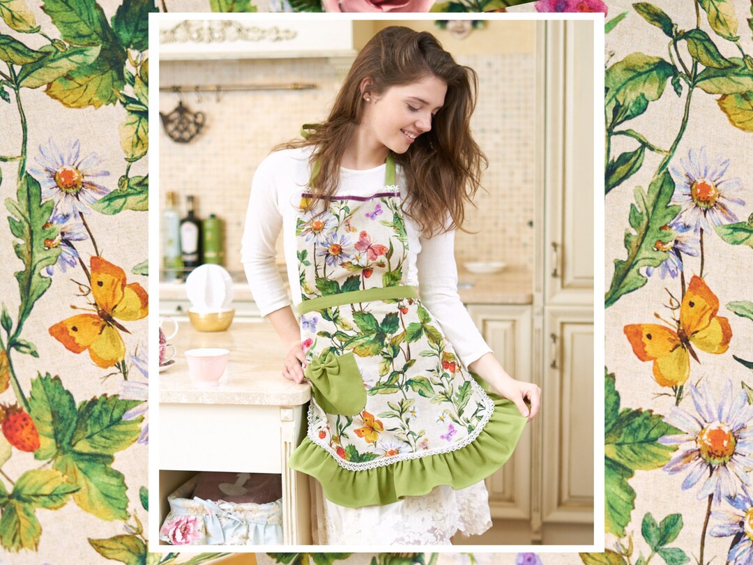 Ladies Apron With Summer Print Botanical Greens Butterflies Berries ...