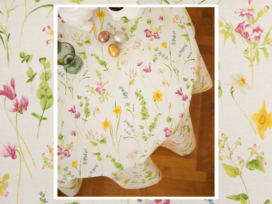 Round Spring Tablecloth, Spring Floral Print on White Background, Fresh ...