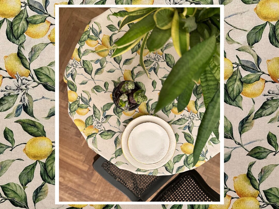 Round Tablecloth Lemon Print, Yellow Kitchen Decor, Lemon Tablecloth ...