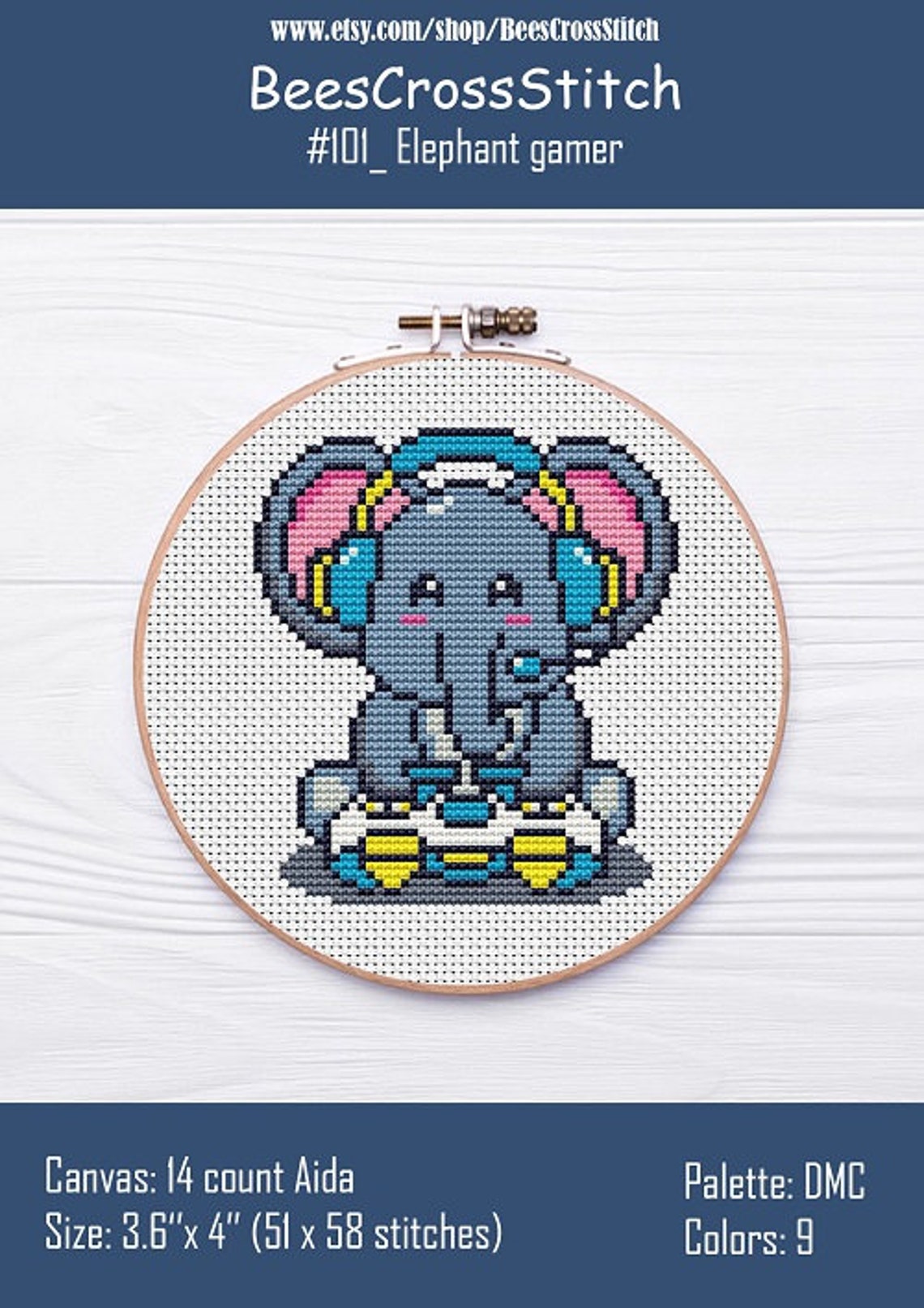 Elephant Gamer 101,cross Stitch Pattern,gamer Cross Stitch Pattern,gift ...